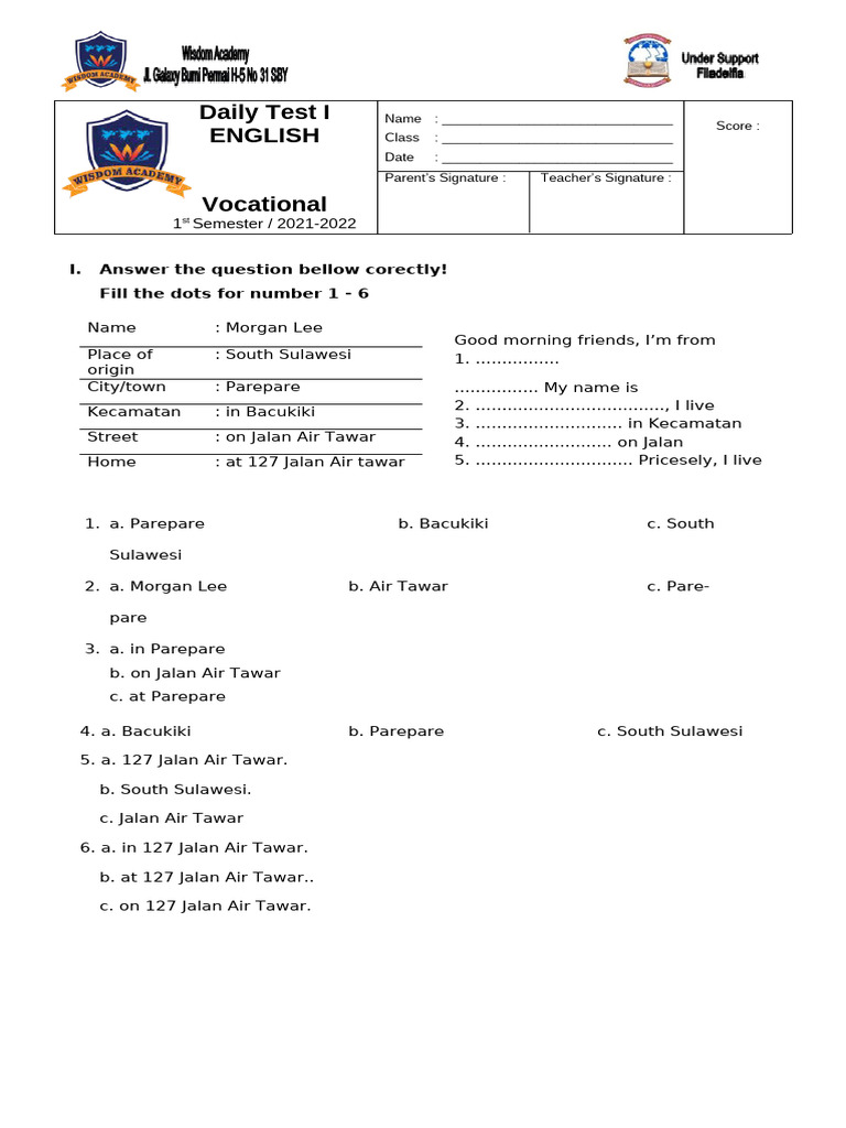 Daily English Test: Personal Information | PDF