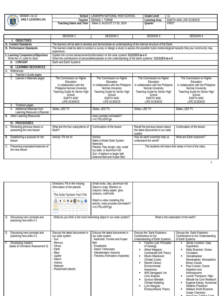Daily Lesson Log: Earth Science Grade 11 | PDF | Solar System | Planets