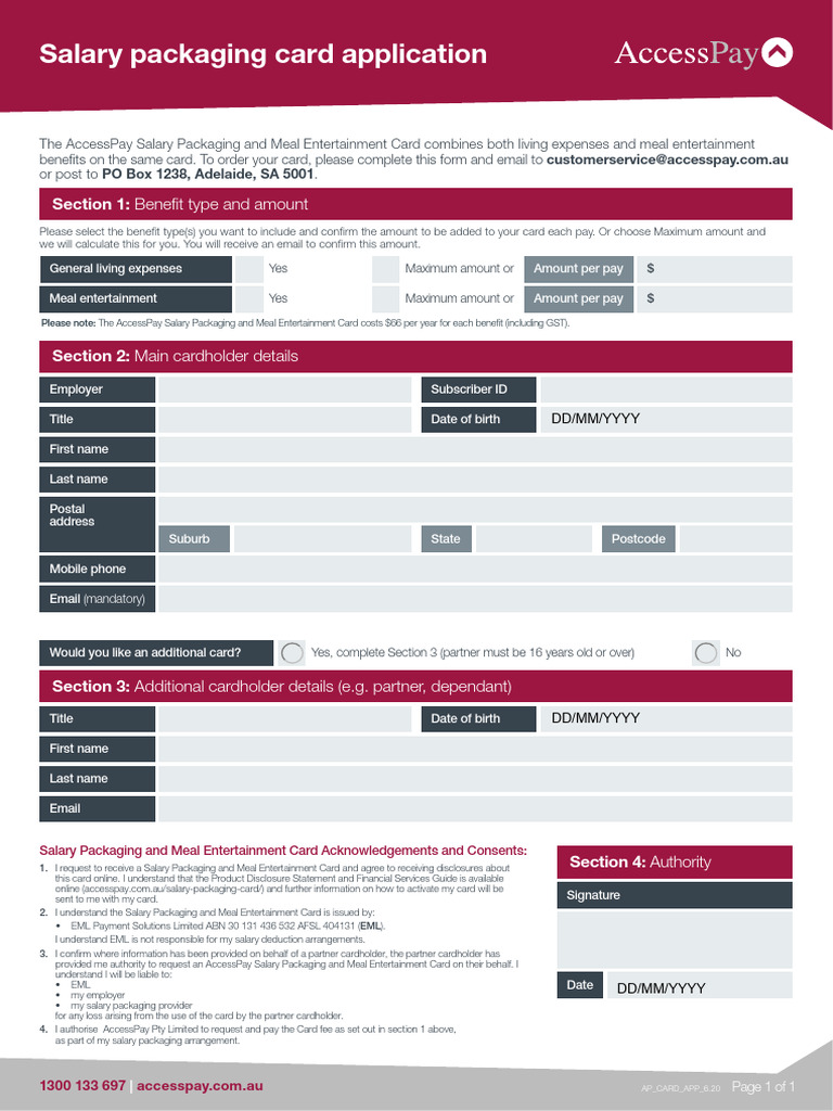 AccessPay Salary Packaging Card Application | PDF | Salary | Payments