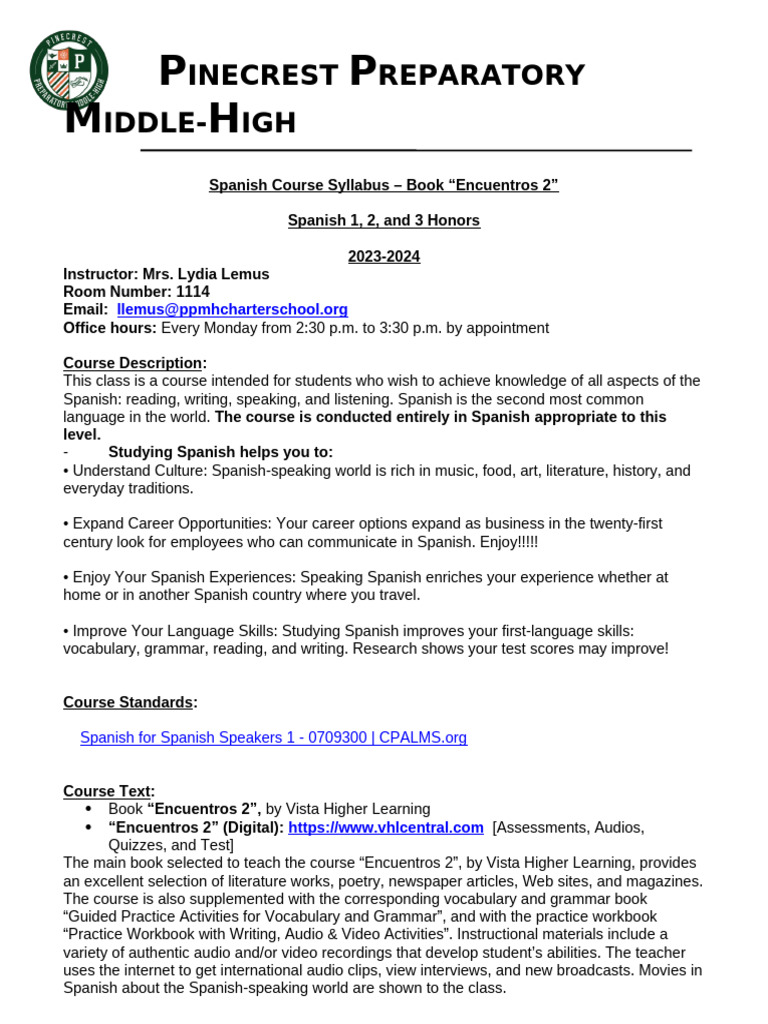 2023-2024 Syllabus Spanish 1 - 2 - 3 Honors - Encuentros 2 | PDF ...