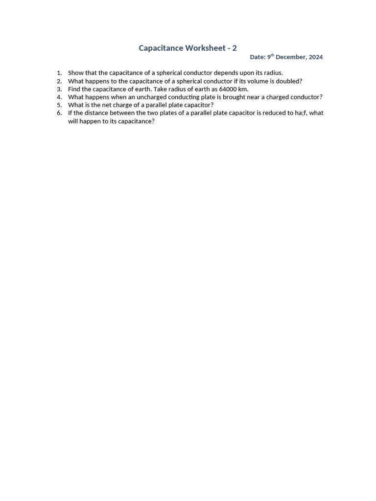 Capacitance Worksheet - 2 | PDF