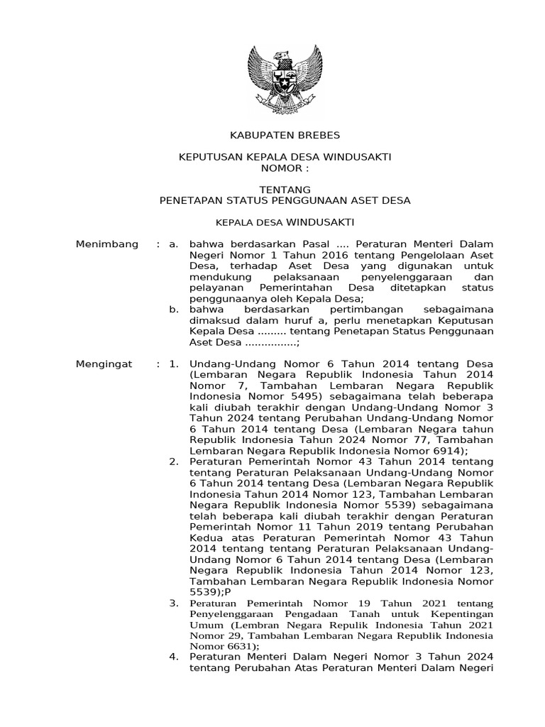 SK Penetapan Status Penggunaan Aset Desa | PDF