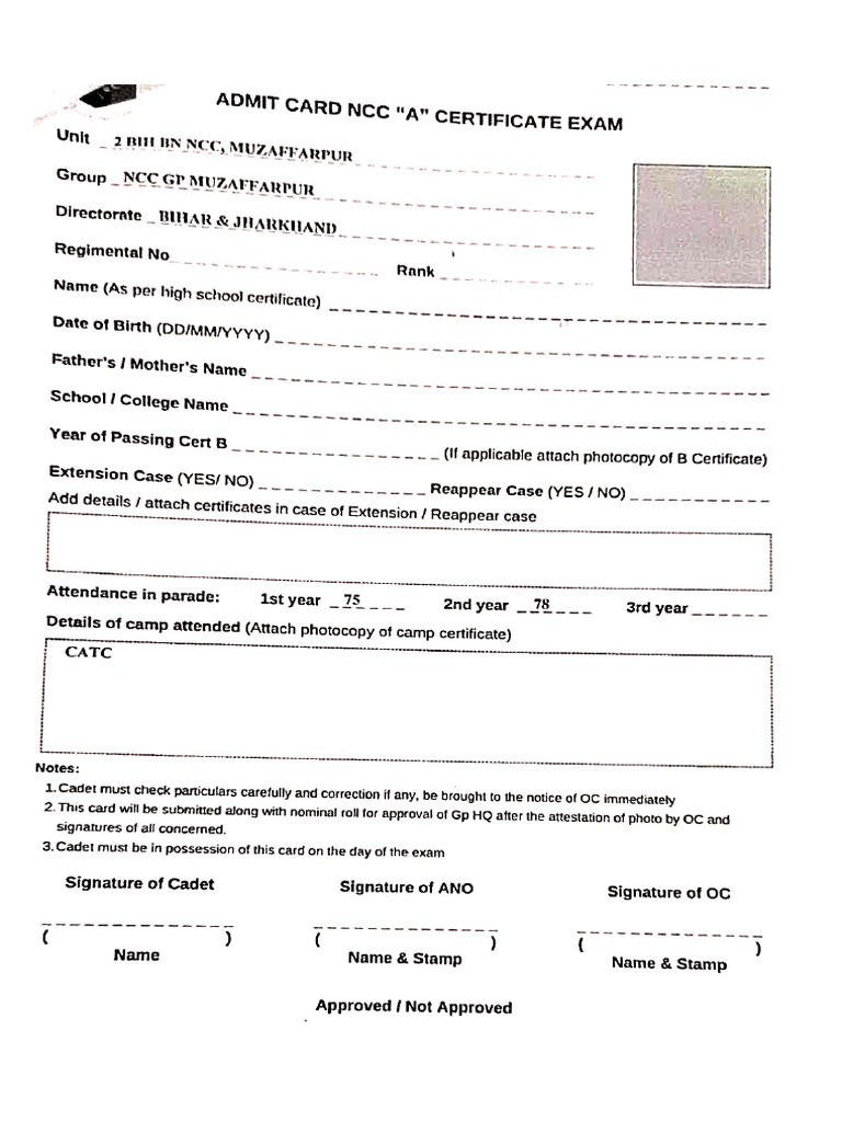 NCC A Certificate Exam Admit Card | PDF