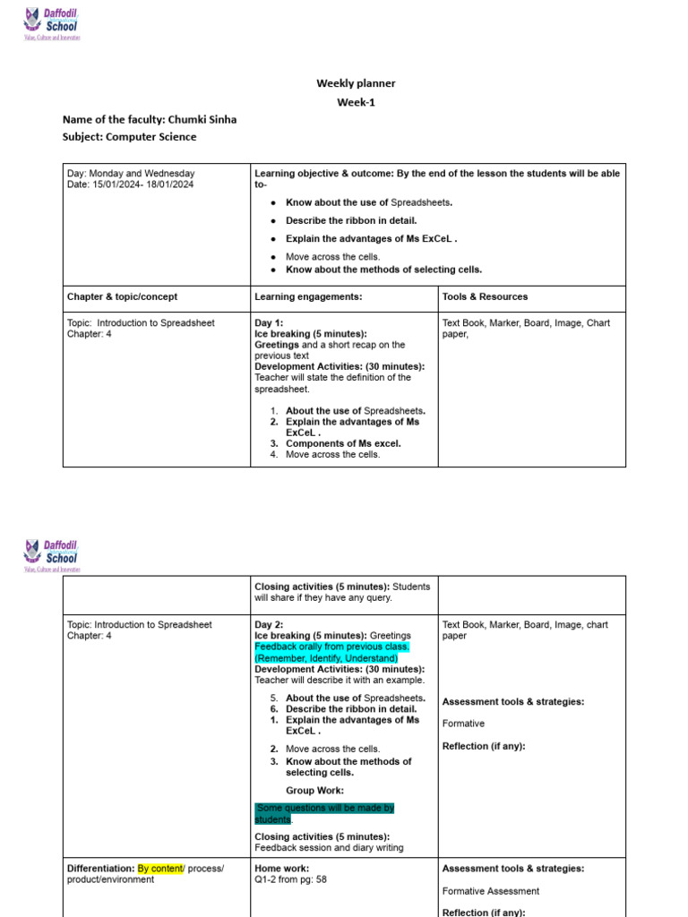 Lesson Plan Week 1 | PDF | Spreadsheet | Microsoft Excel