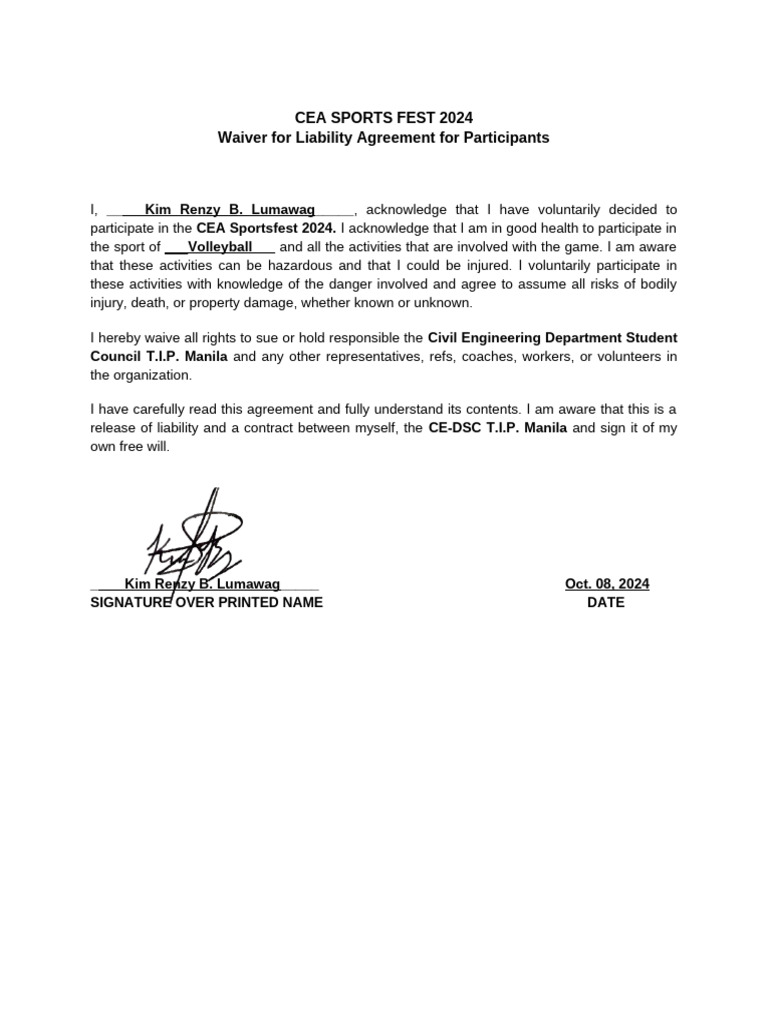 CEA Sports Fest 2024 Liability Waiver | PDF