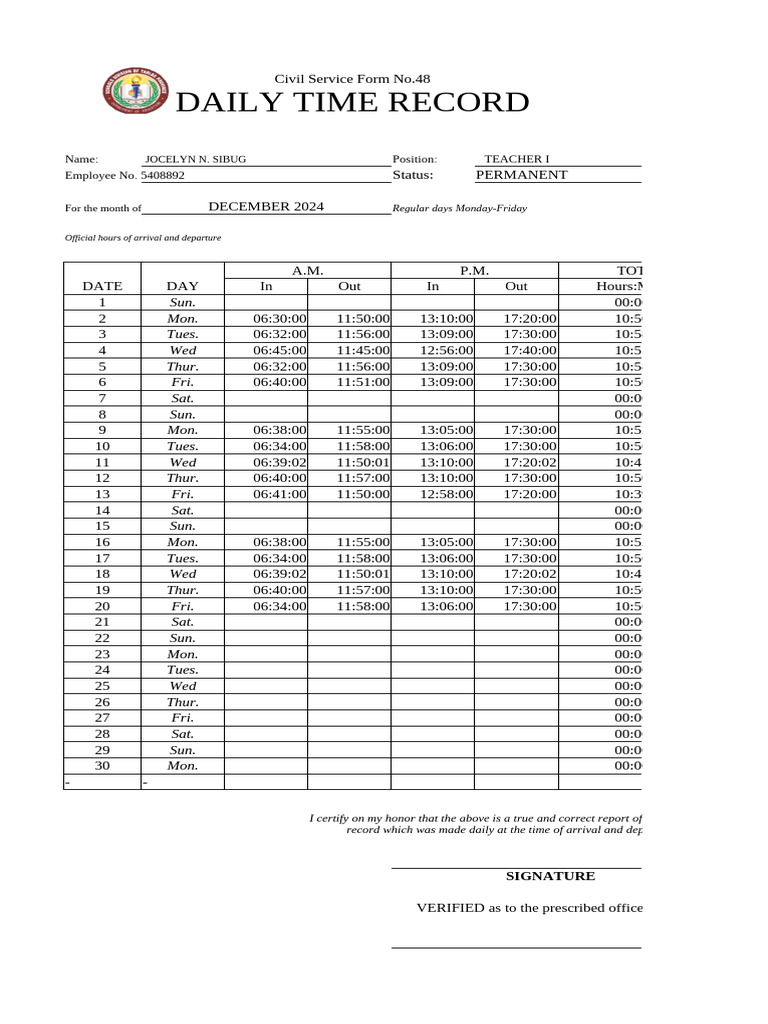 DTR - December 2024 - Sibug | PDF