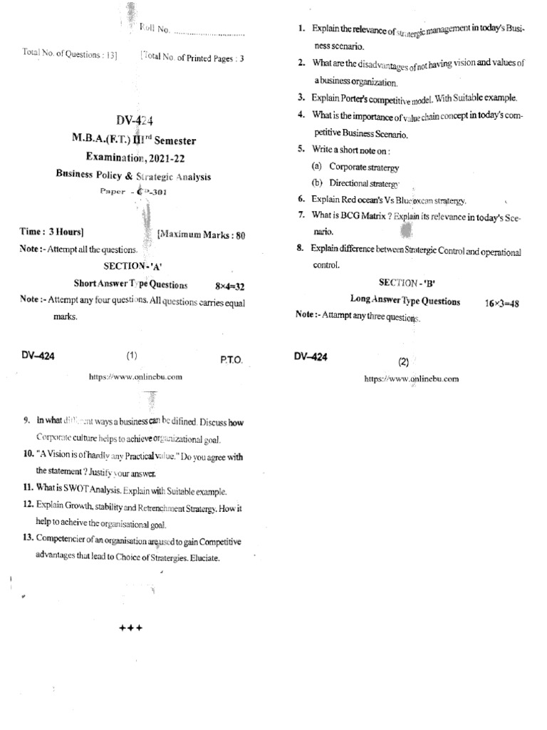 Mba 3 Sem Ft Business Policy and Strategic Analysis Dv 424 2022 | PDF