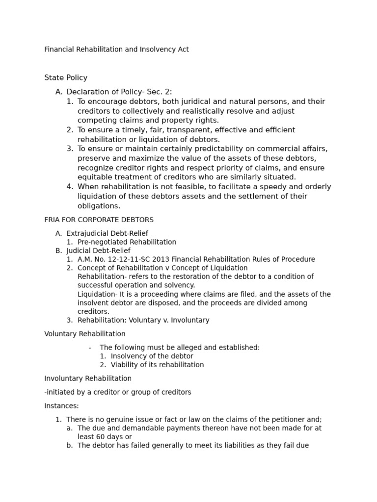 FRIA Notes | PDF | Liquidation | Bankruptcy