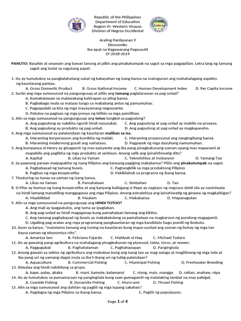 Grade 9 AP Q 4 SY 18-19 - TQ | PDF