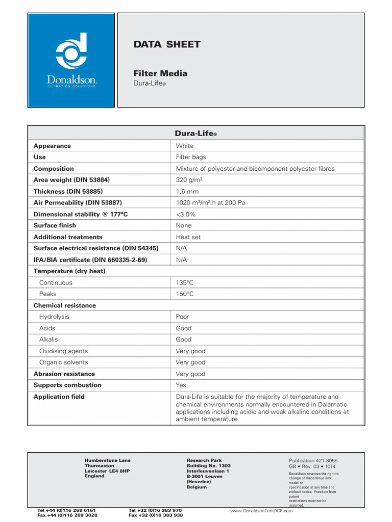 Datasheet - Filter Media - Dura-Life - 4218055GB | PDF | Materials
