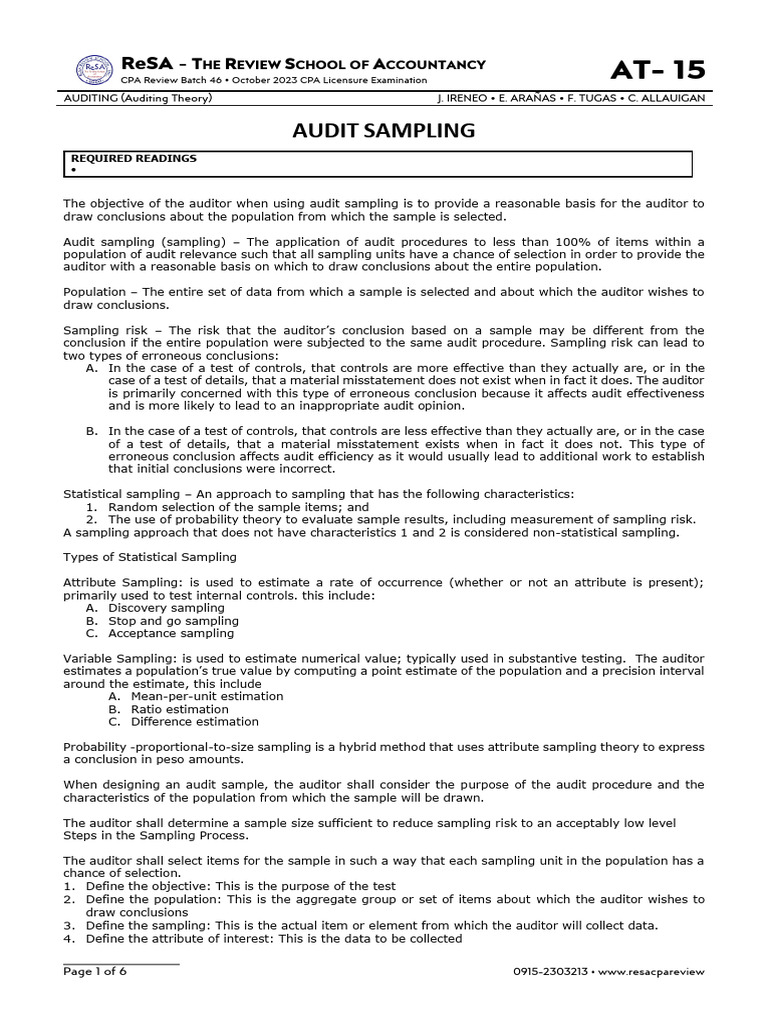 AT 15 Audit Sampling - 230623 - 044912 | PDF | Sampling (Statistics) | Audit