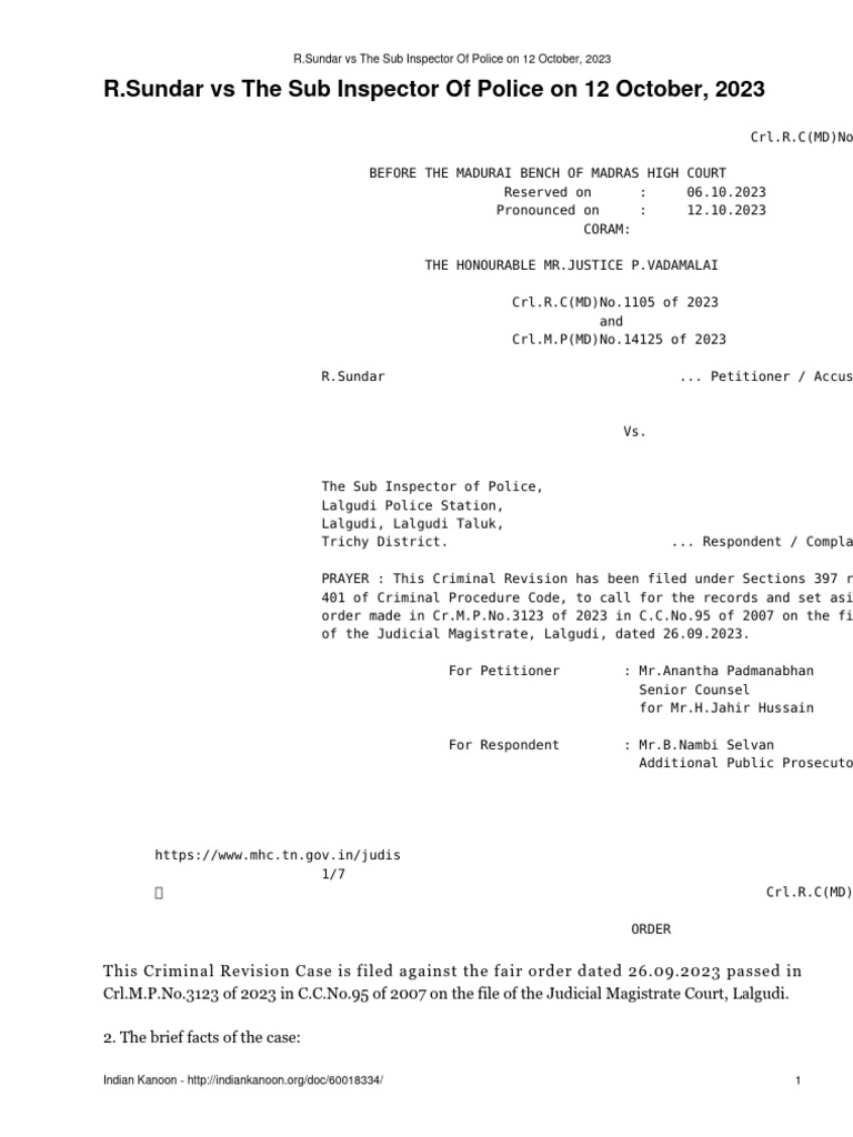 R.Sundar Vs The Sub Inspector of Police On 12 October, 2023.. | PDF ...