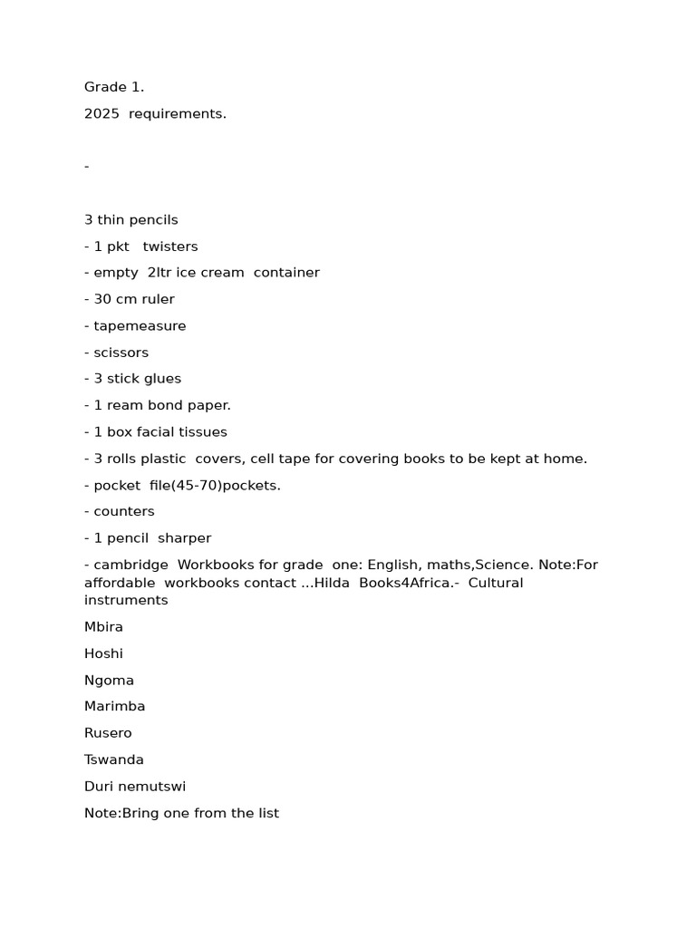 Grade 1 Stationery Lists | PDF