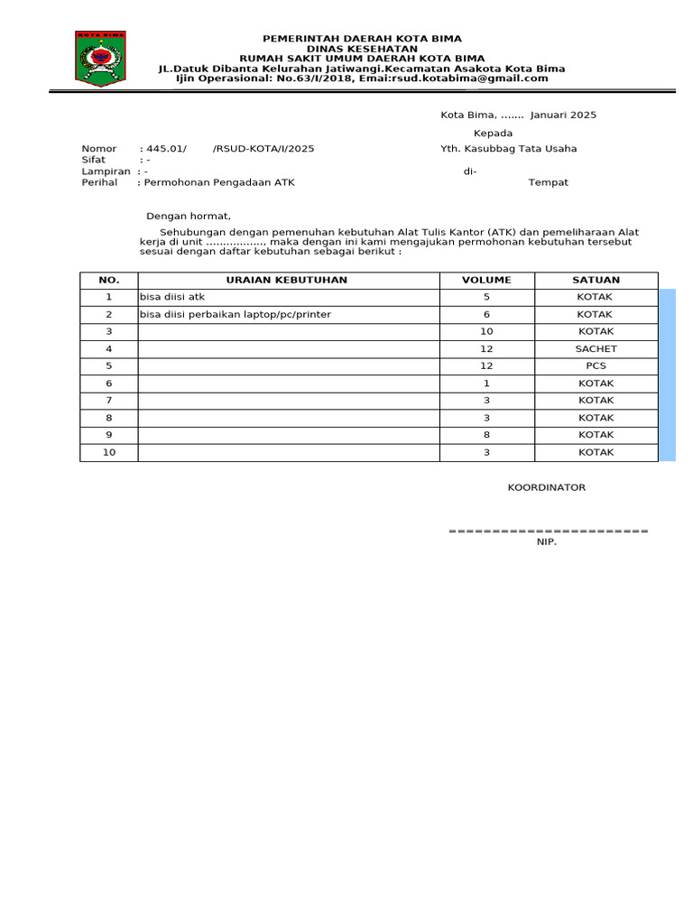 Permohonan Pengadaan ATK RSUD Bima | PDF