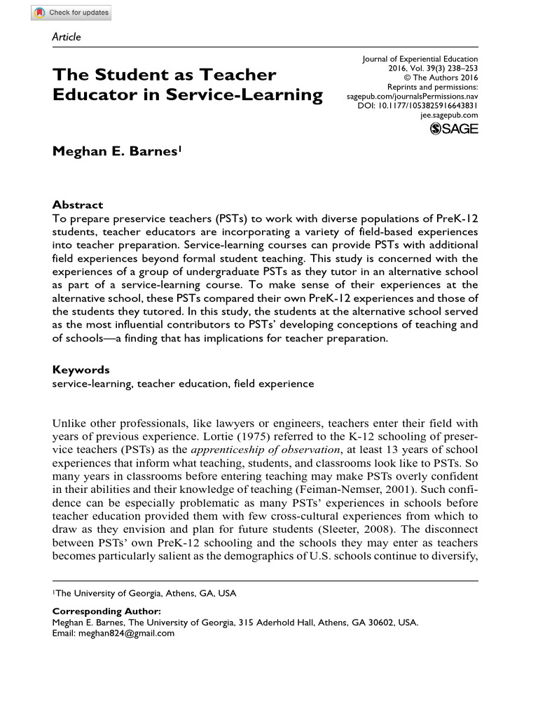 Barnes 2016 The Student As Teacher Educator in Service Learning | PDF | Service Learning | Teachers
