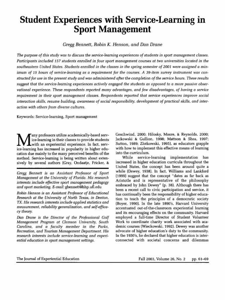 Bennett Et Al 2003 Student Experiences With Service Learning in Sport Management | PDF | Service ...