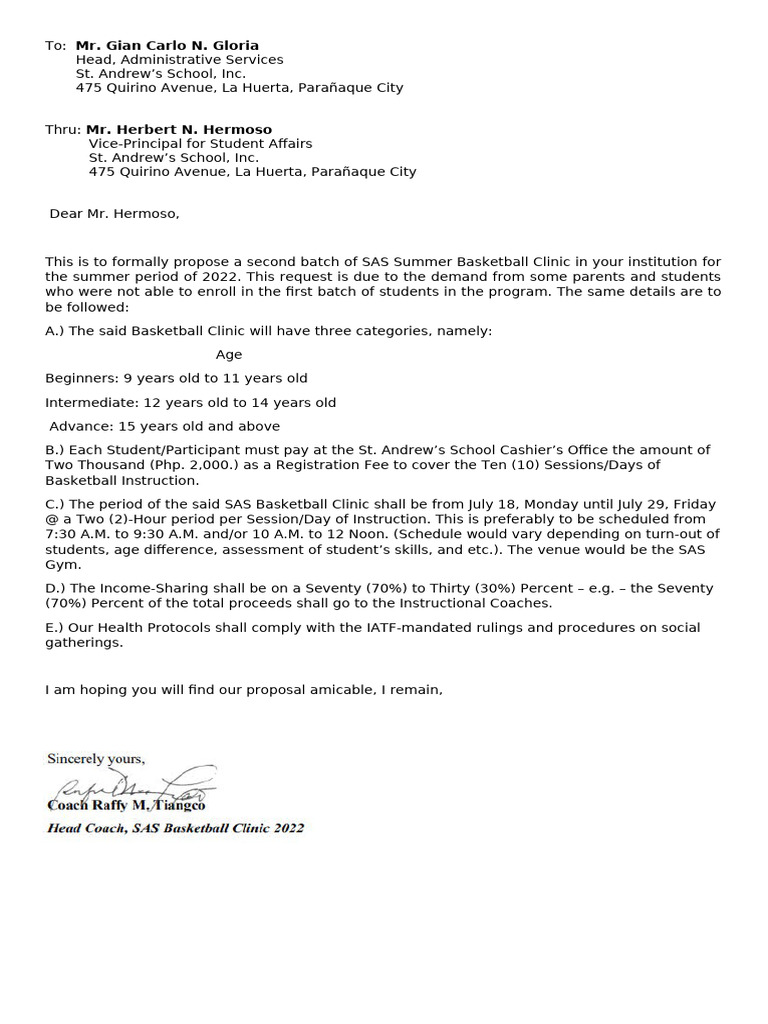 SAS Summer Basketball Clinic Proposal | PDF