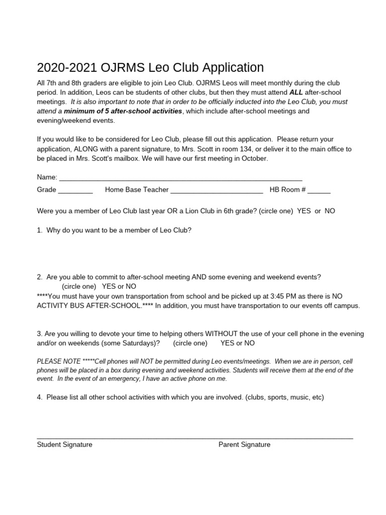 OJRMS Leo Club Application 2020-2021 | PDF