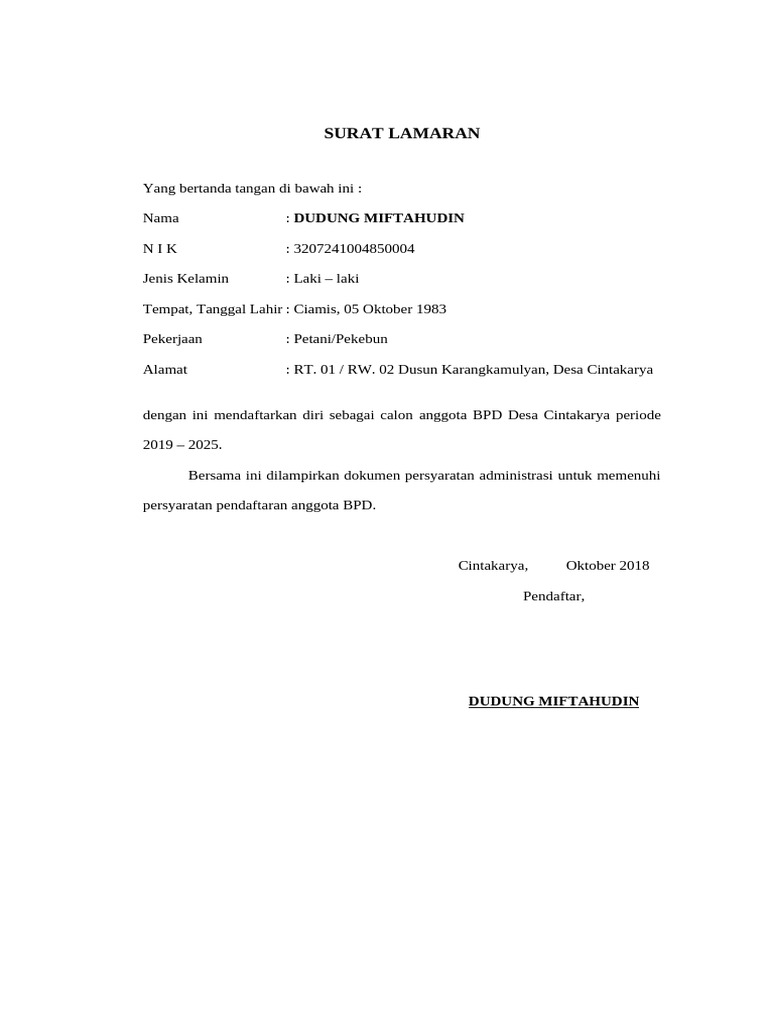 Surat Lamaran Calon Anggota BPD Cintakarya | PDF