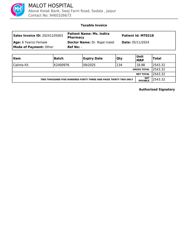 Pharmacy Invoice for Ms. Indira | PDF