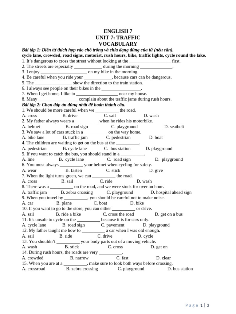 Traffic Vocabulary Exercises for Students | PDF | Traffic | Road