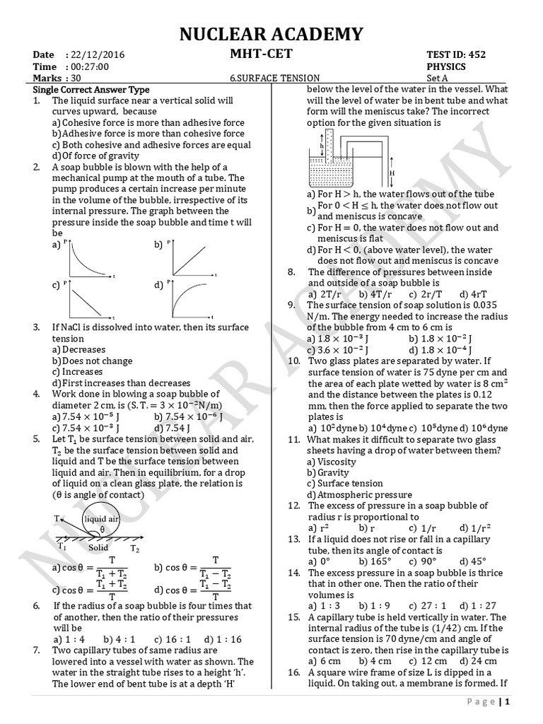 MHT-CET Physics Surface Tension Test | PDF | Surface Tension | Drop ...