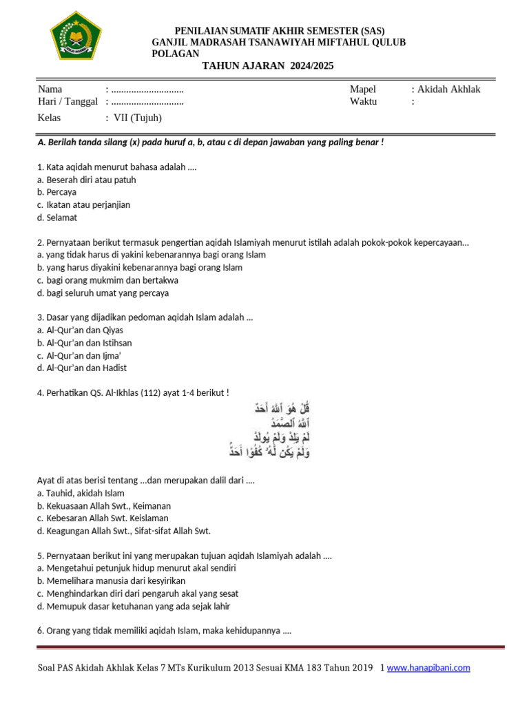 CONTOH SOAL PAS AKIDAH KELAS 7 MTs SEM 1 | PDF
