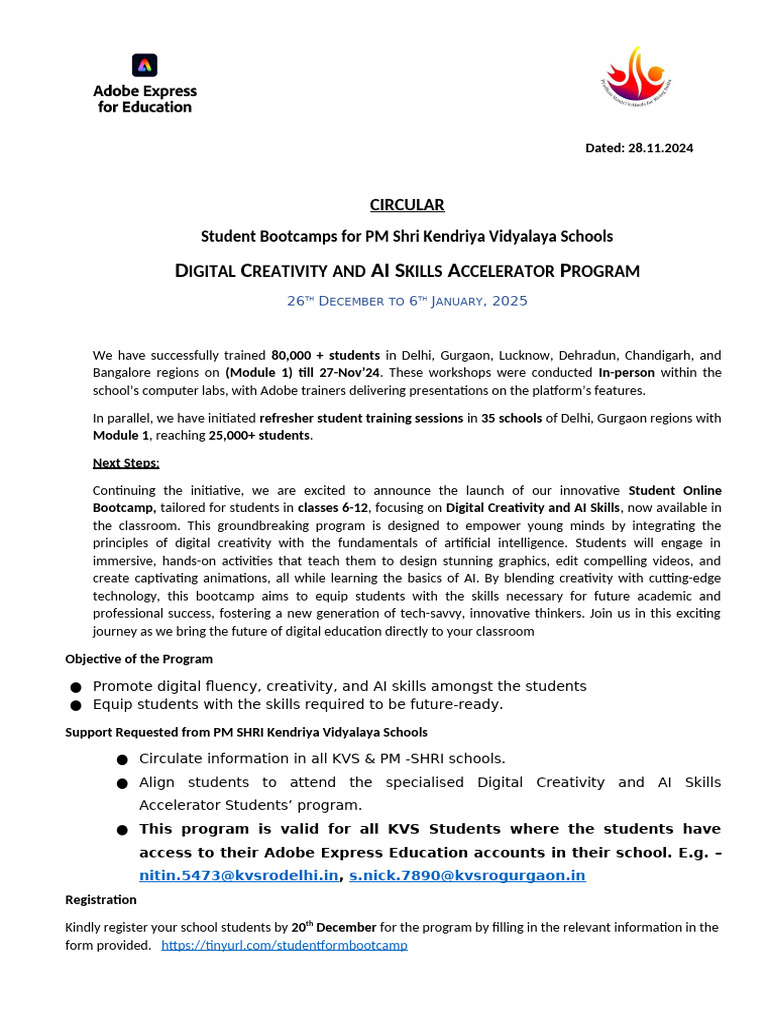 Circular - Student Bootcamp For PM Shri Kendriya Vidyalaya Schools ...