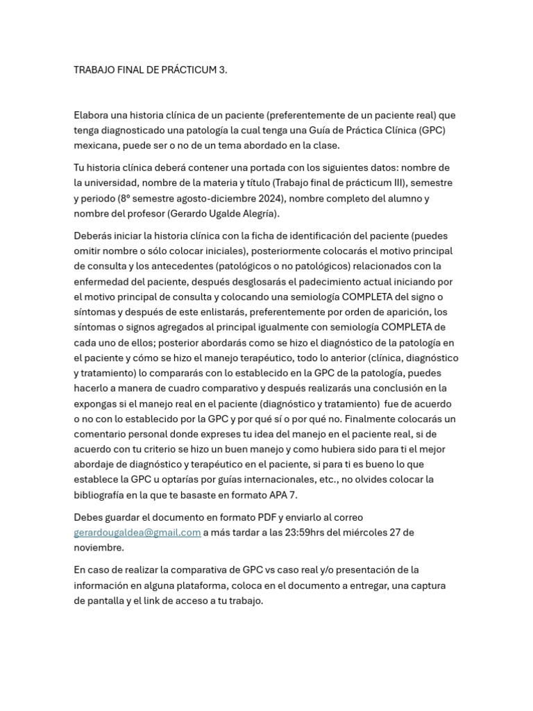TRABAJO FINAL DE PRÁCTICUM 3 Instrucciones y Rúbrica. | PDF | Clínica | Diagnostico medico