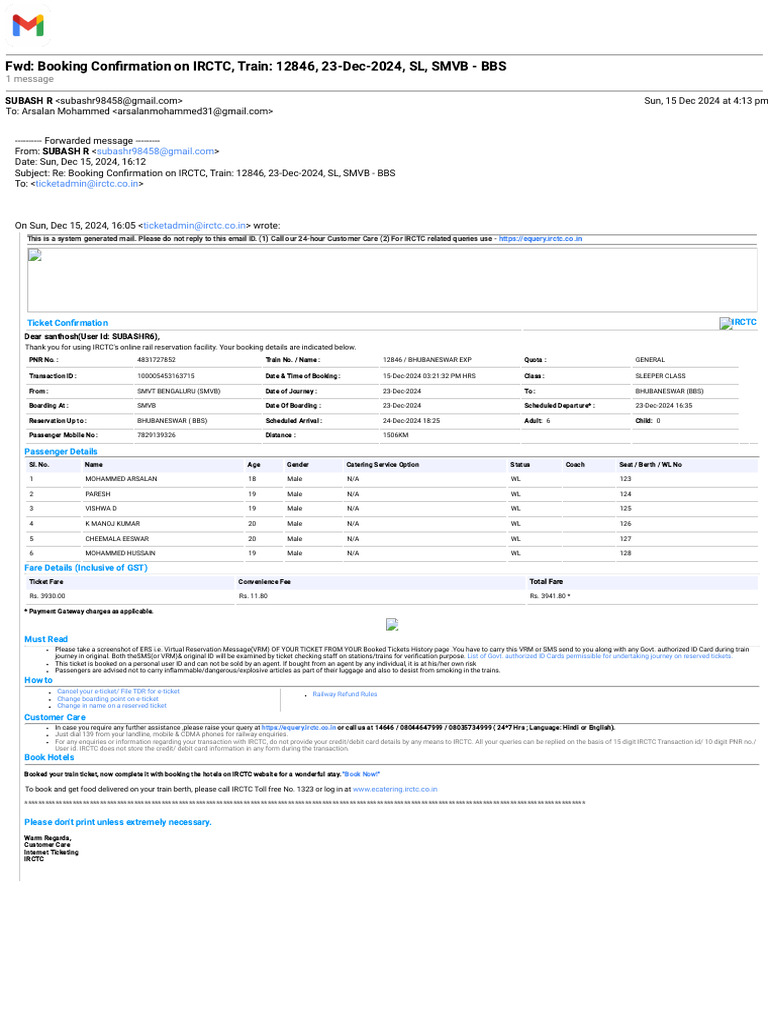 Gmail - FWD - Booking Confirmation On IRCTC, Train - 12846, 23-Dec-2024 ...
