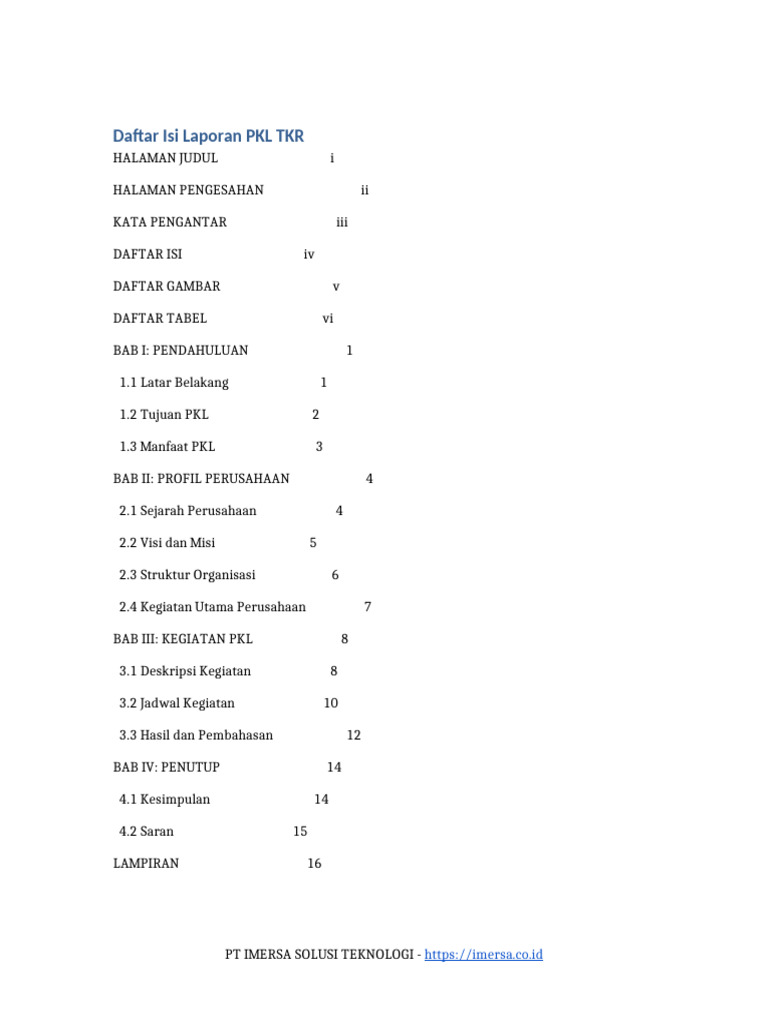 Daftar Isi Laporan PKL TKR | PDF