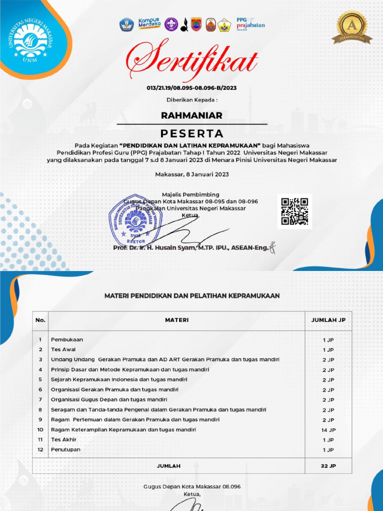 Sertifikat Pramuka - Rahmaniar | PDF