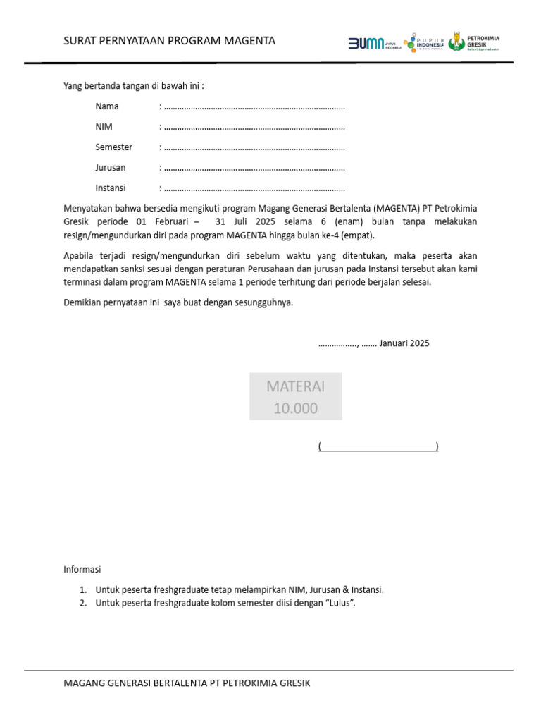 Surat Pernyataan Magang Magenta 2025 | PDF