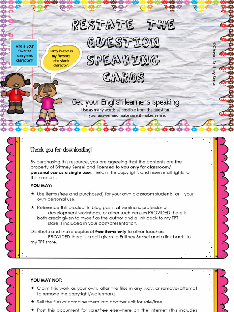 Restate The Speaking Cards: Get Your English Learners Speaking | PDF