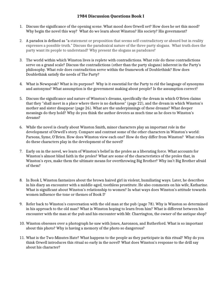 1984 Book I Discussion Questions | PDF