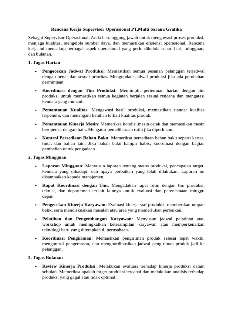 Rencana Kerja Supervisor Operasional PT | PDF