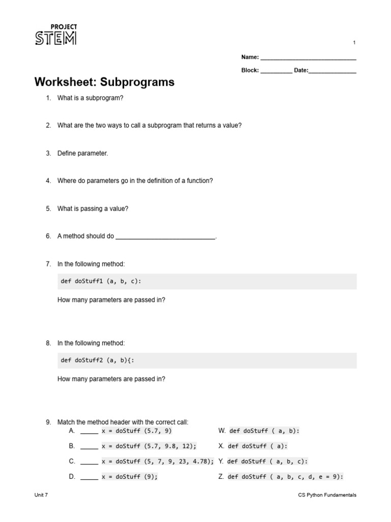 7 3 Worksheet Subprograms | PDF