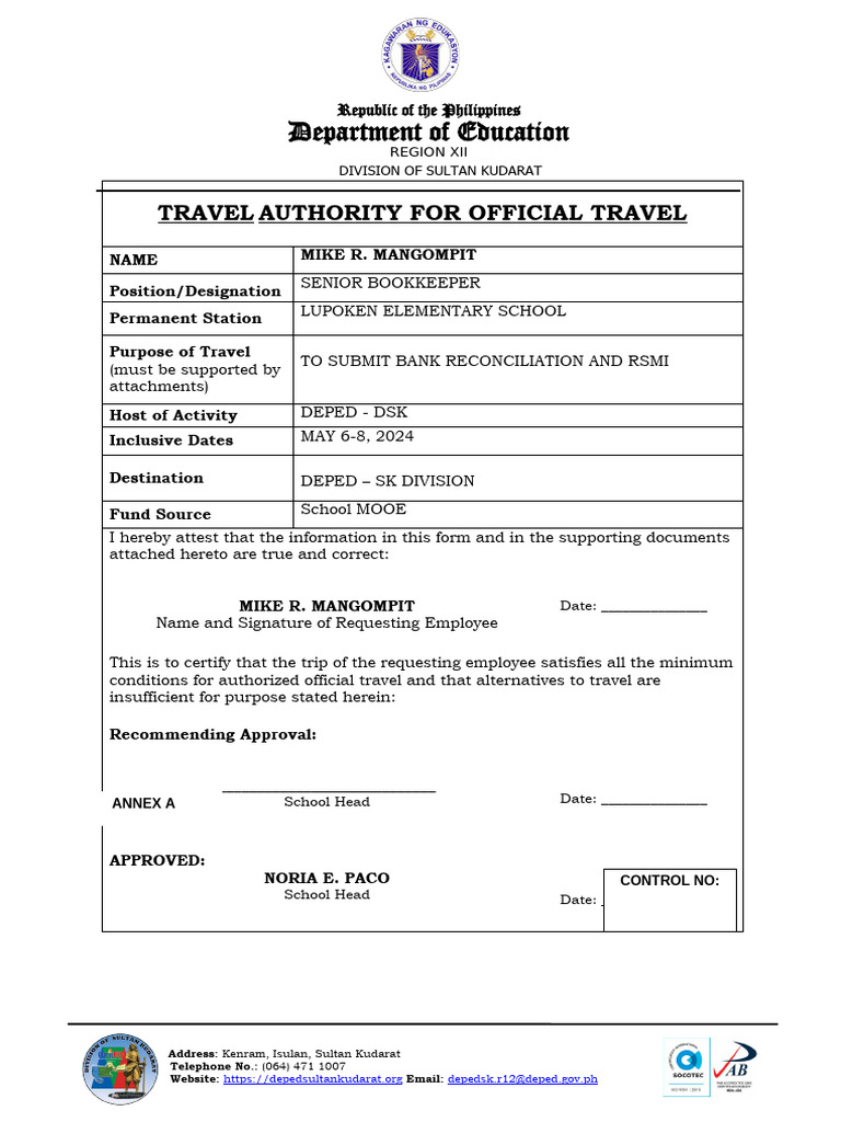 Travel Authority for DepEd Official Trips | PDF | Government