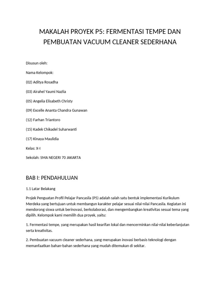 Proyek P5: Fermentasi Tempe & Vacuum Cleaner | PDF