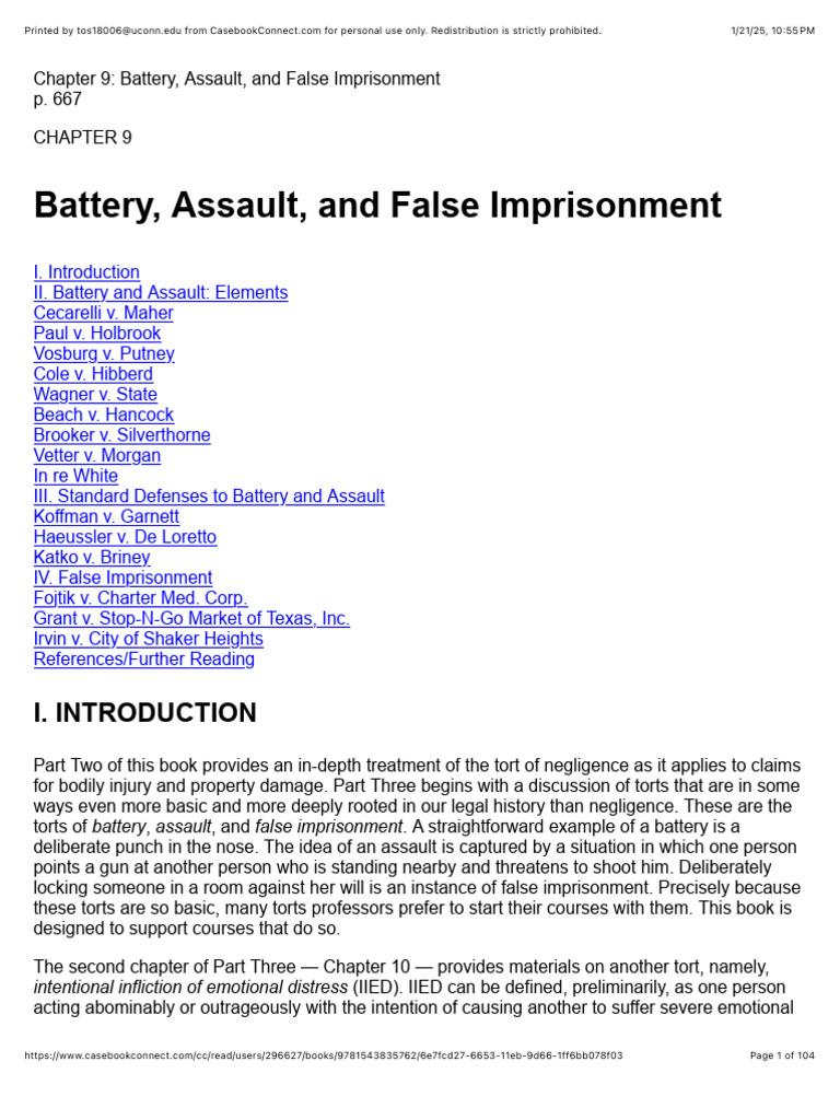 Battery, Assault, and False Imprisonment Overview | PDF | Burden Of ...