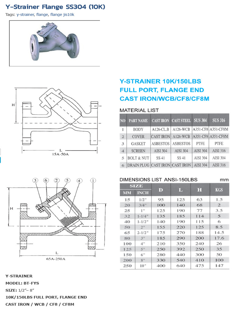 Y-Strainer Flange SS304 (10K) | PDF
