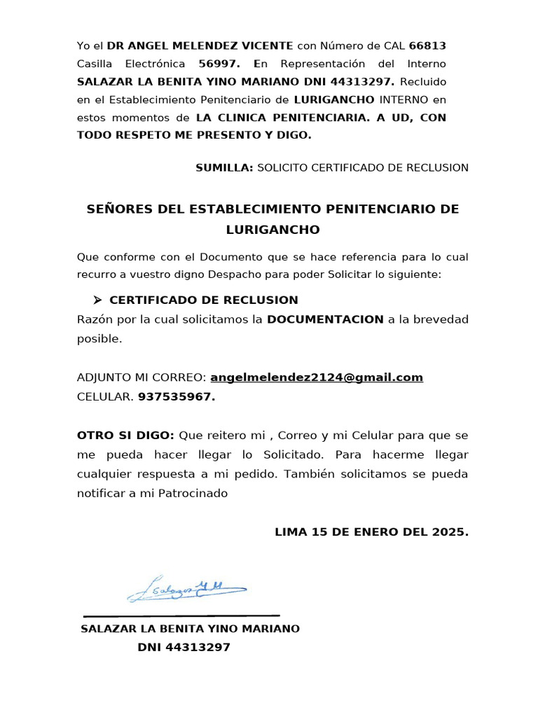 Solicitud de Certificado de Reclusión | PDF