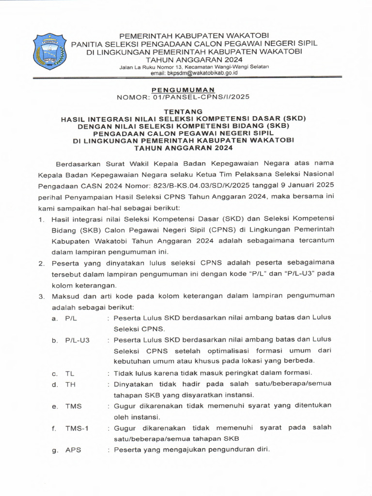 Pengumuman Hasil Integrasi Nilai Skd Dan Skb Cpns Pemkab Wakatobi t.a 2024 | PDF