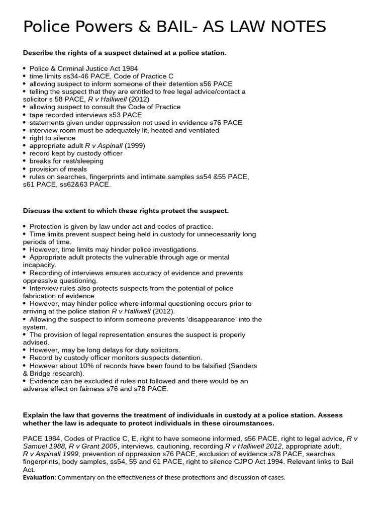 Police Powers & Bail Law Notes As Levesl | PDF | Bail | Arrest