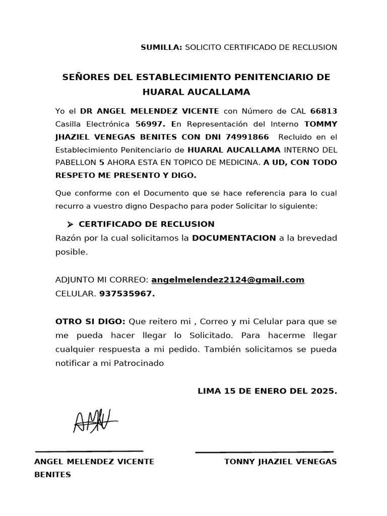 Solicito Certificado de Reclusion Tonny | PDF