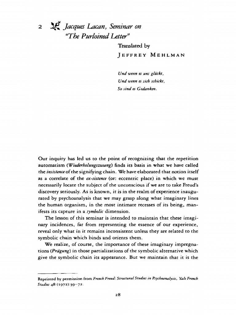 Jacques Lacan - Seminar On The Purloined Letter | PDF