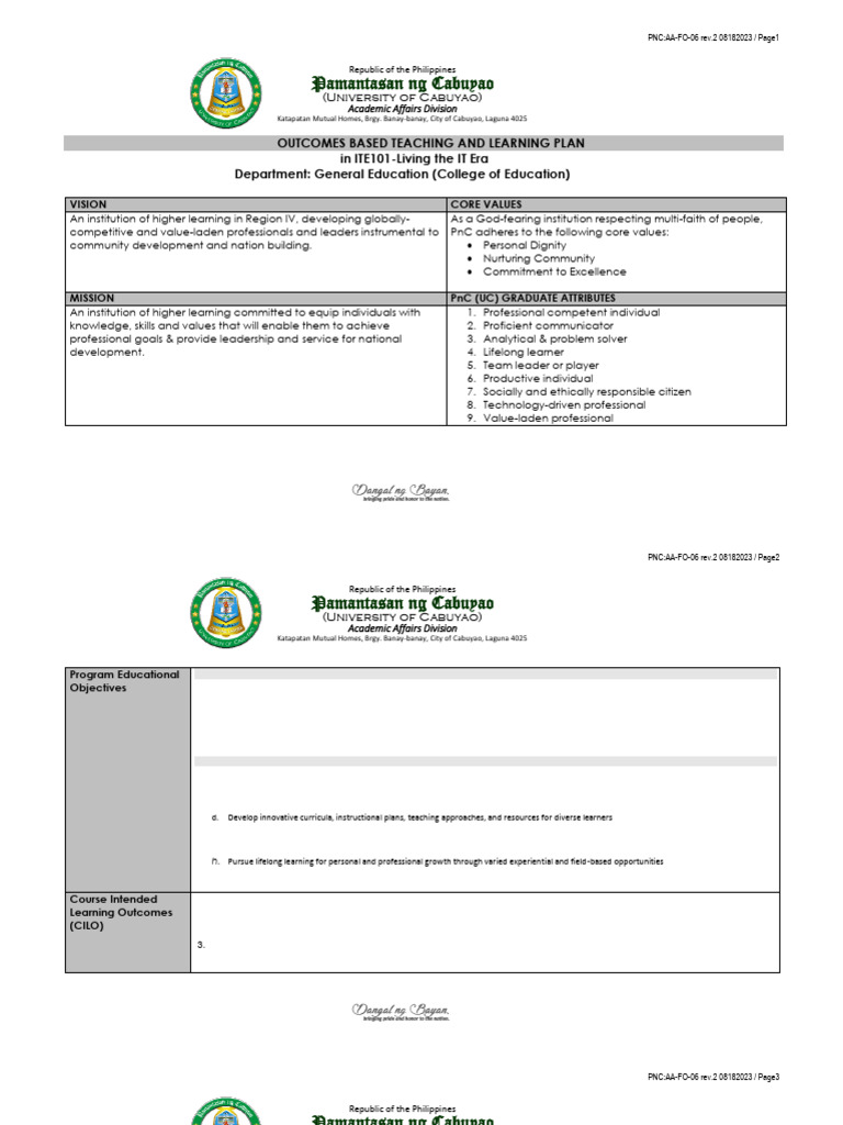 Gen Ed-Living The IT Era-Outcomes-Based-Teaching-and-Learning-Plan ...