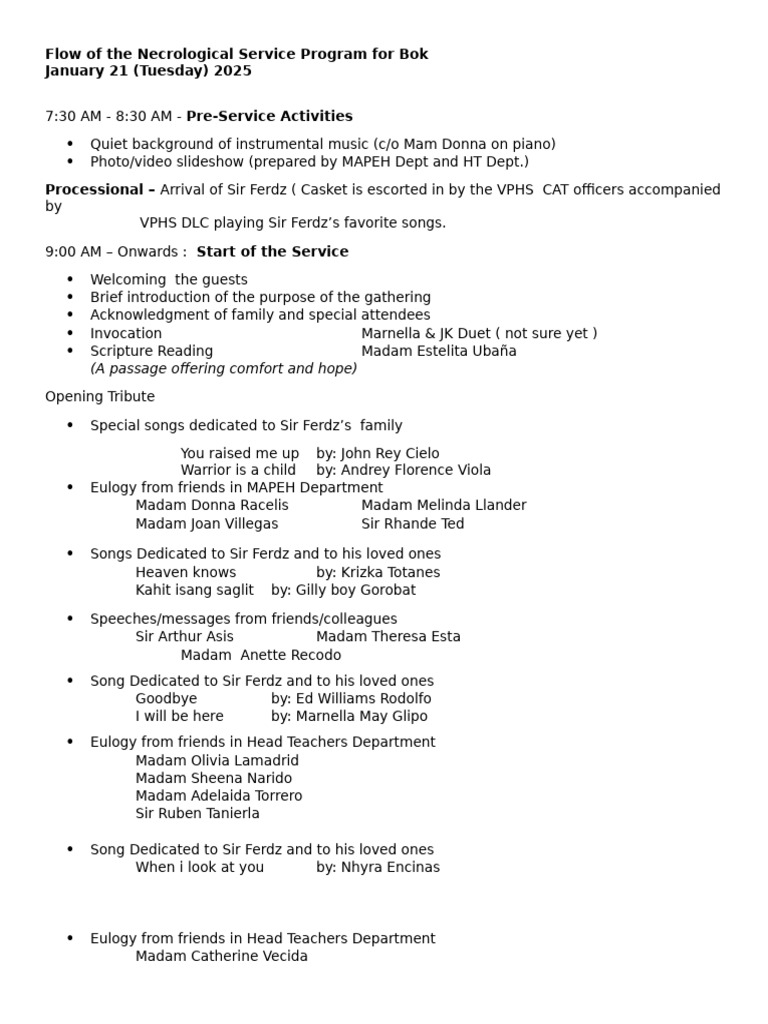 Flow of The Necrological Service Program For Bok | PDF
