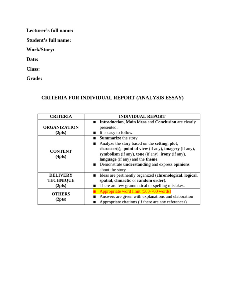 Marking Criteria For Individual Report (Essay) | PDF