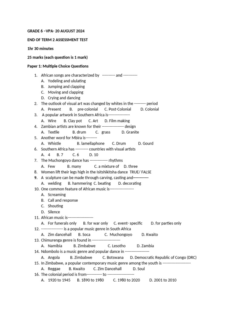 EXAM - GRADE 6 - VPA - 20 August 2024 - Term 2 Assessment Test | PDF ...